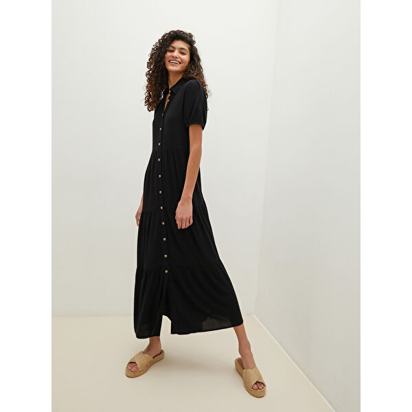 LCW CASUAL Gömlek Yaka Düğmeli Kısa Kollu Krinkle Kumaş Kadın Elbise