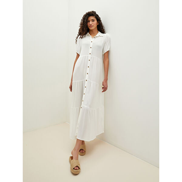 LCW CASUAL Gömlek Yaka Düğmeli Kısa Kollu Krinkle Kumaş Kadın Elbise