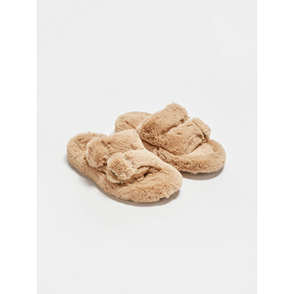 Çift Bantlı Toka Detaylı Pelüş Kadın Ev Terliği