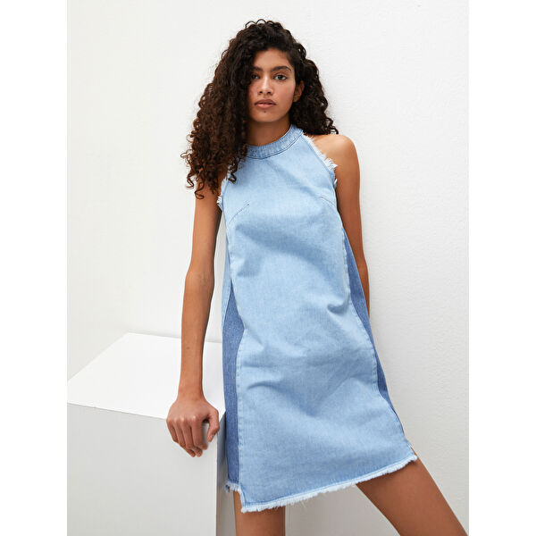 Bisiklet Yaka Kolsuz Renk Bloklu Kadın Jean Elbise Bisiklet Yaka Kolsuz Renk Bloklu Kadın Jean Elbise