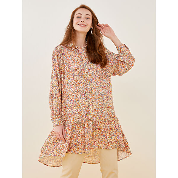 LCW CLASSIC Gömlek Yaka Desenli Fırfır Detaylı Uzun Kollu Viskon Kadın Tunik