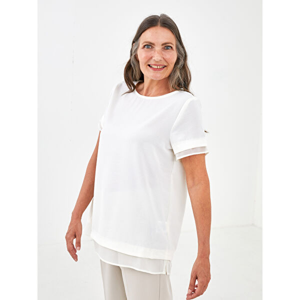 LCW GRACE Bisiklet Yaka Düz Kısa Kollu Medine İpeği Kumaş Kadın Bluz