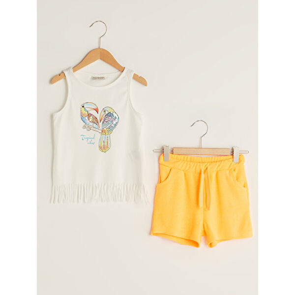 Bisiklet Yaka Baskılı Pul İşlemeli Kız Çocuk Atlet ve Şort