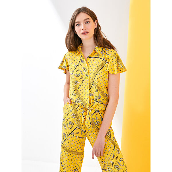 LCW CASUAL Desenli Beli Bağlama Detaylı Kısa Kollu Poplin Kadın Gömlek