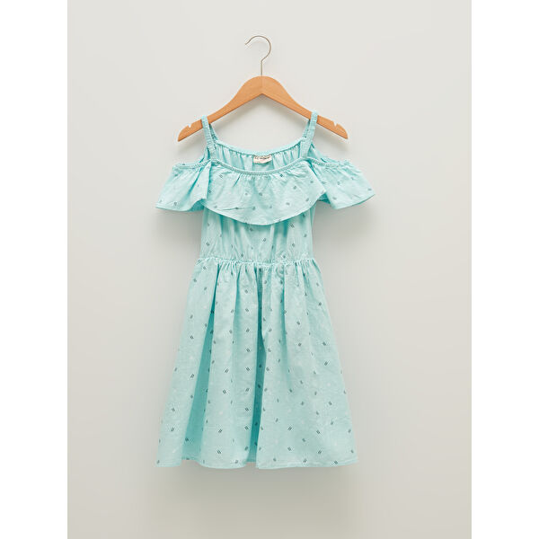 Desenli Fırfır Detaylı Askılı Poplin Kız Çocuk Elbise