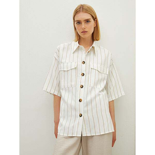 LCW VISION Çizgili Cep Detaylı Kısa Kollu Kadın Gömlek