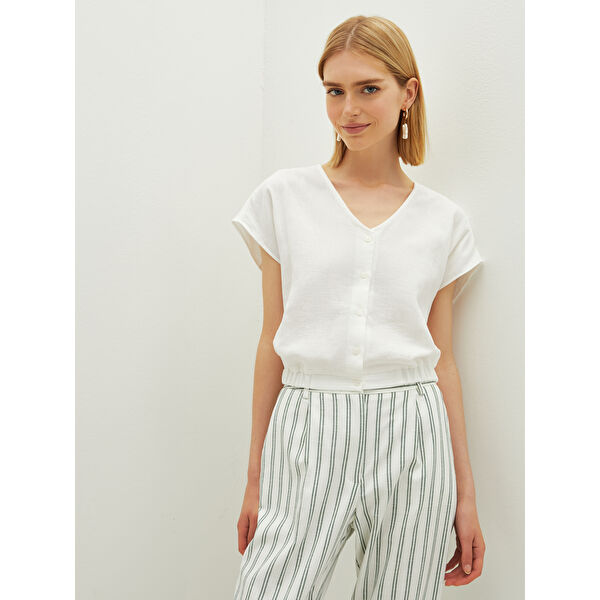 LCW VISION V Yaka Düz Kısa Kollu Tencel Kumaş Kadın Bluz