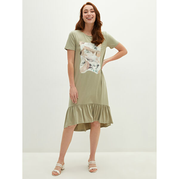 LCW CLASSIC Bisiklet Yaka Baskılı Kısa Kollu A kesim Kadın Elbise