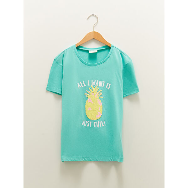 Bisiklet Yaka Baskılı Çift Yönlü Payetli Kısa Kollu Pamuklu Kız Çocuk Tişört