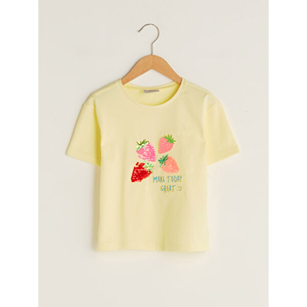 Bisiklet Yaka Baskılı Pul İşlemeli Kısa Kollu Pamuklu Kız Çocuk Tişört
