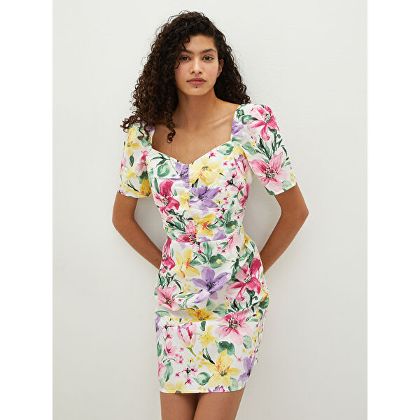 LCW CASUAL Kare Yaka Çiçekli Kısa Kollu Pamuklu Kadın Elbise