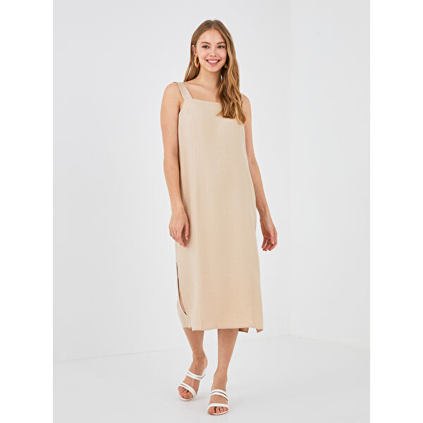 LCW GREEN Kare Yaka Askılı Düz Yırtmaç Detaylı Kadın Elbise