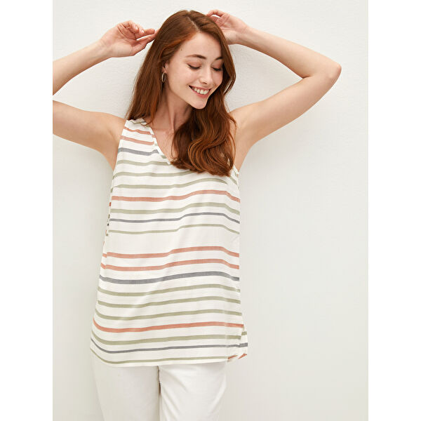 LCW CLASSIC V Yaka Çizgili Kolsuz Viskon Kadın Bluz