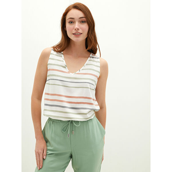 LCW CLASSIC V Yaka Çizgili Kolsuz Viskon Kadın Bluz