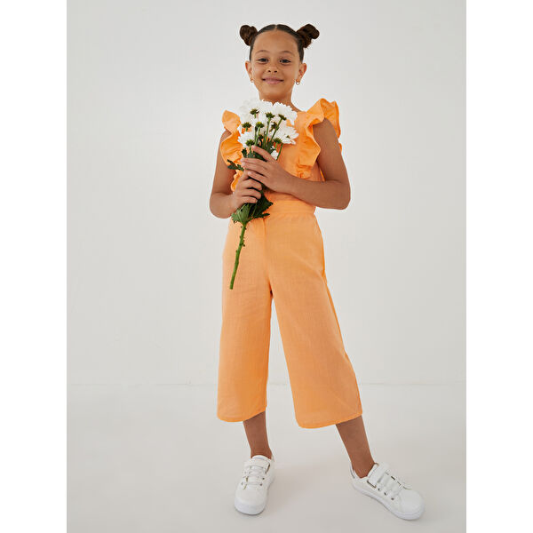 V Yaka Basic Fırfır Detaylı Poplin Kız Çocuk Tulum