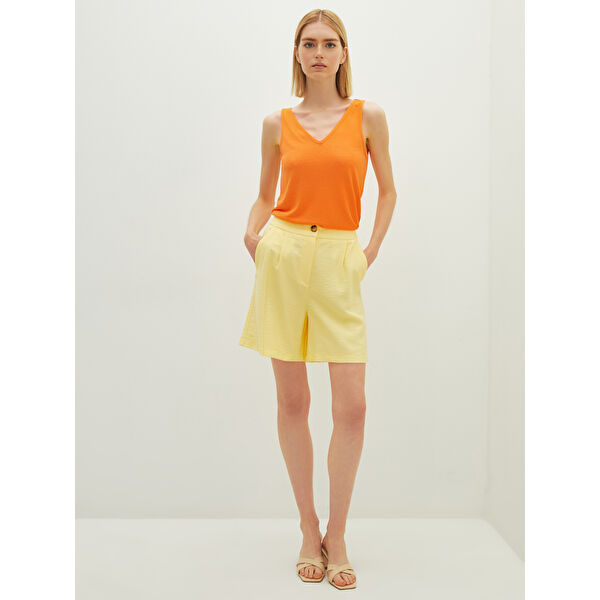 Yüksek Bel Cep Detaylı Düz Viskon Kadın Şort