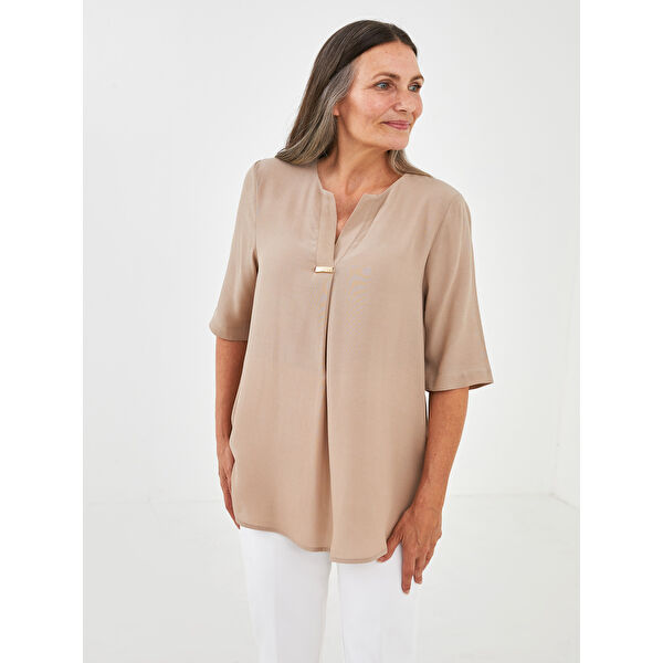 LCW GRACE Kaçık Yaka Düz Kısa Kollu Maroken Kumaş Kadın Bluz