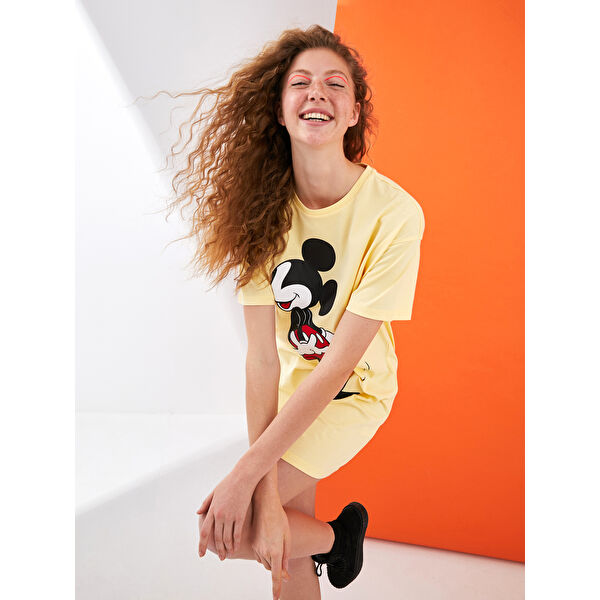 XSIDE Bisiklet Yaka Mickey Mouse Baskılı Kısa Kollu Pamuklu Kadın Elbise