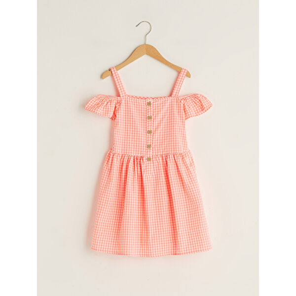Kare Yaka Ekose Askılı Poplin Kız Çocuk Elbise