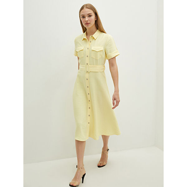 LCW VISION Düğmeli Gömlek Yaka Beli Kemerli Kısa Kollu Kadın Elbise