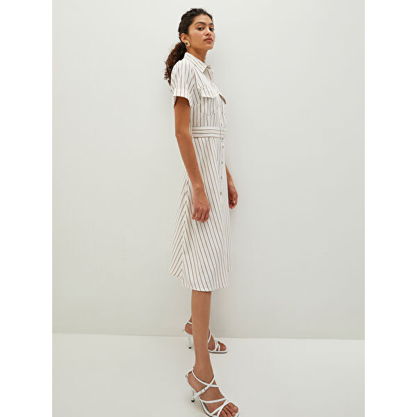 LCW VISION Gömlek Yaka Çizgili Kısa Kollu Keten Görünümlü Kumaş Kadın Elbise