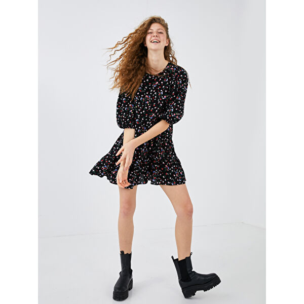 XSIDE Bisiklet Yaka Çiçek Baskılı Uzun Kollu Viskon Kadın Elbise