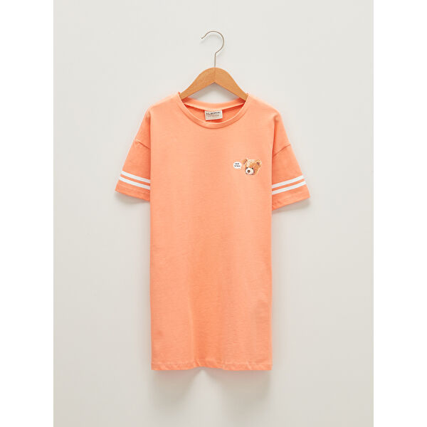 Bisiklet Yaka Baskılı Kısa Kollu Pamuklu Kız Çocuk Elbise