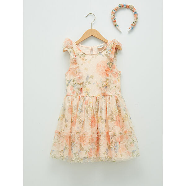 Bisiklet Yaka Çiçek Desenli Fırfırlı Kız Çocuk Tül Elbise ve Taç Bisiklet Yaka Çiçek Desenli Fırfırlı Kız Çocuk Tül Elbise ve Taç