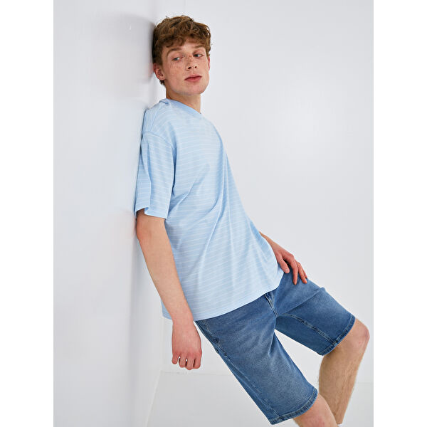 XSIDE Oversize Bisiklet Yaka Kısa Kollu Çizgili Penye Erkek Tişört