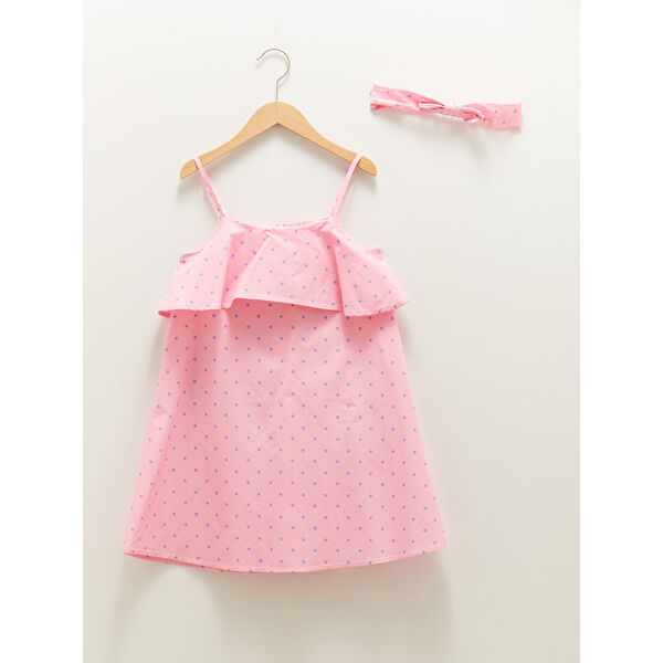 Kare Yaka Puantiyeli Askılı Poplin Kız Çocuk Elbise ve Saç Bandı