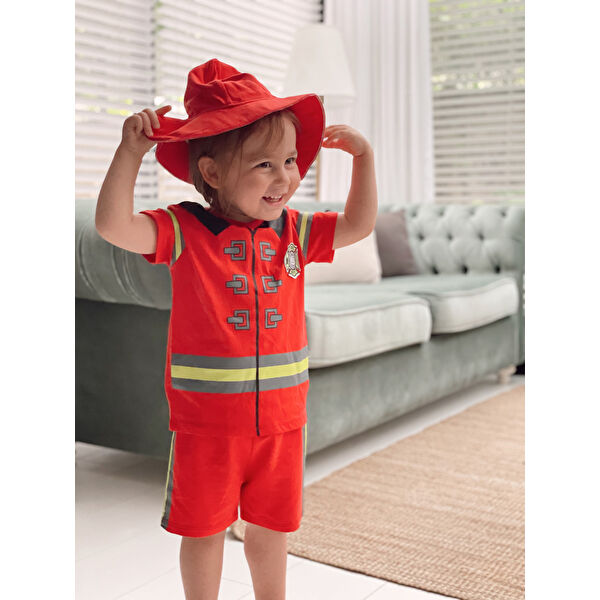 Bisiklet Yaka Kısa Kollu Baskılı Pamuklu Erkek Bebek İtfaiye Kostüm Bisiklet Yaka Kısa Kollu Baskılı Pamuklu Erkek Bebek İtfaiye Kostüm