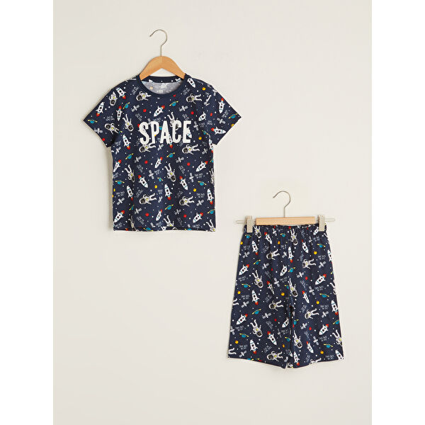 Bisiklet Yaka Baskılı Kısa Kollu Pamuklu Erkek Çocuk Şortlu Pijama Takımı