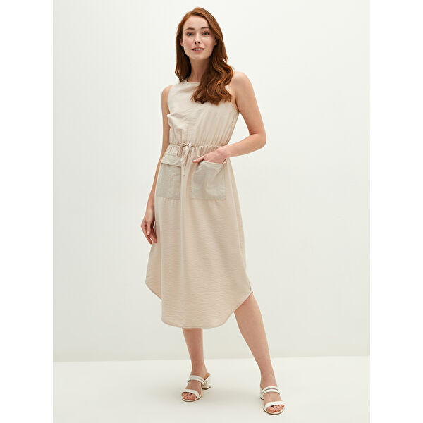 LCW CLASSIC Bisiklet Yaka Kolsuz Beli Bağlama ve Cep Detaylı Kadın Elbise