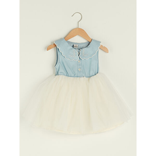 LCW GREEN Fırfırlı Bisiklet Yaka Tül Etekli Kız Bebek Jean Elbise