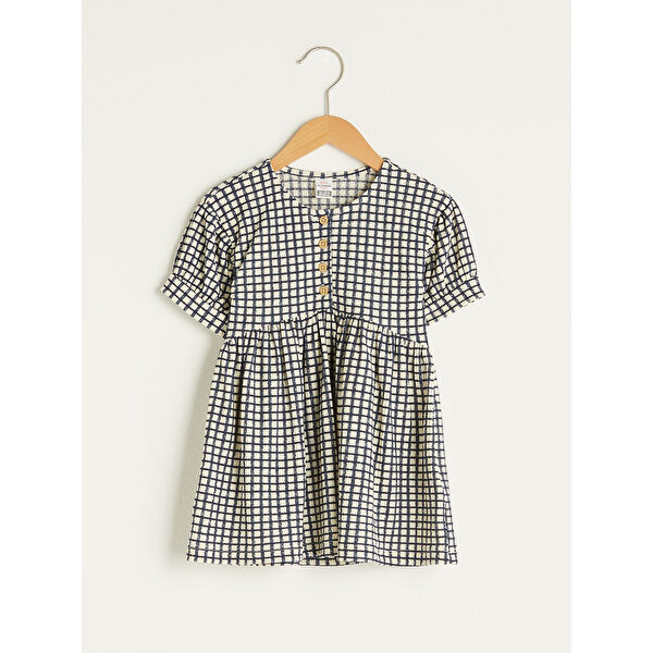 Bisiklet Yaka Kısa Kollu Ekose Desenli Kız Bebek Elbise