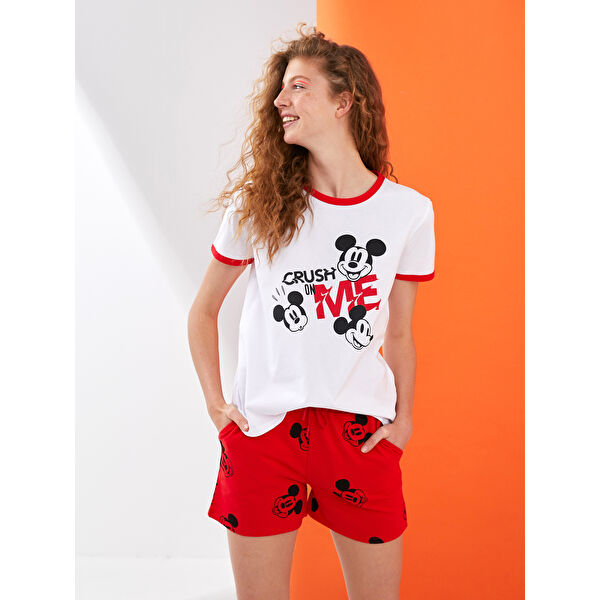 Beli Lastikli Mickey Mouse Baskılı Pamuklu Kadın Şort