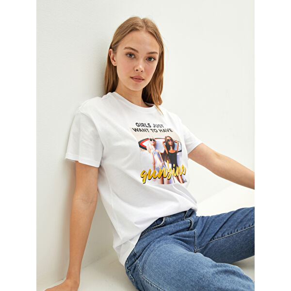 Bisiklet Yaka Barbie Baskılı Kısa Kollu Kadın Tişört