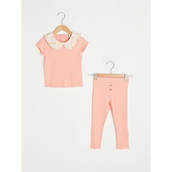 Bebe Yaka Kısa Kollu Kız Bebek Tişört ve Tayt 2'li Takım