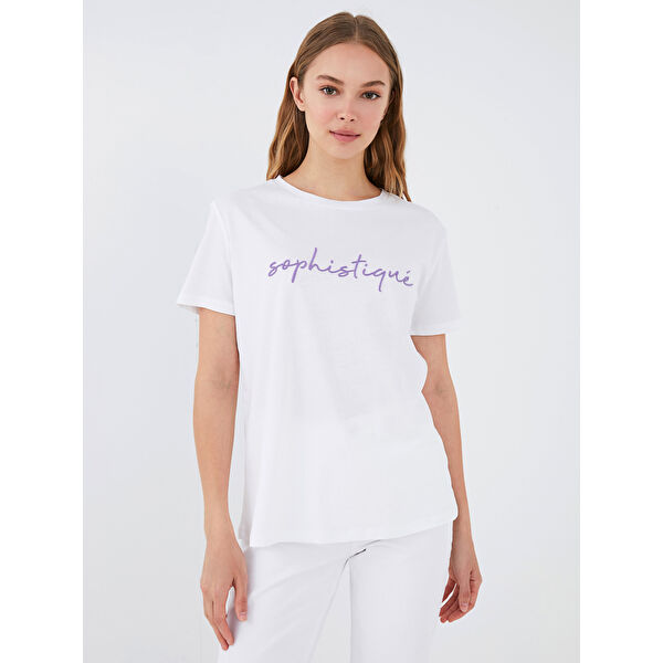 Bisiklet Yaka Nakışlı Kısa Kollu Pamuklu Kadın Tişört Bisiklet Yaka Nakışlı Kısa Kollu Pamuklu Kadın Tişört