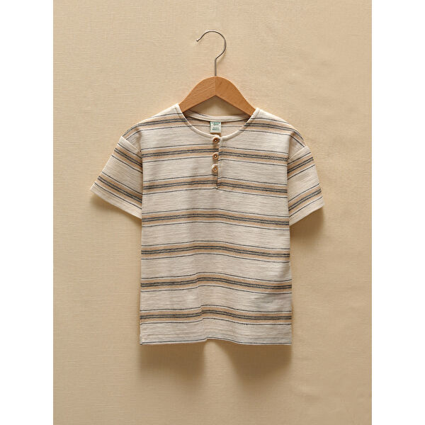 Bisiklet Yaka Kısa Kollu Çizgili Organik Pamuklu Erkek Bebek Tişört