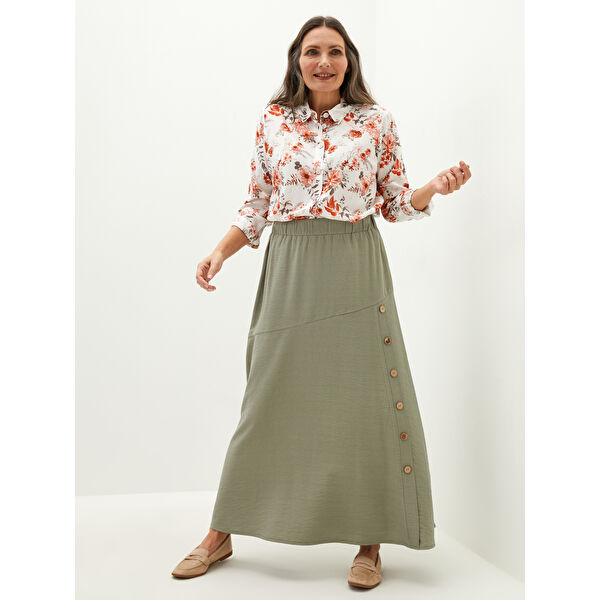 LCW GRACE Beli Lastikli Düğme Detaylı Keten Görünümlü Kadın Kloş Etek