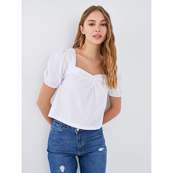 LCW CASUAL Kare Yaka Düz Kısa Kolu Dobby Kumaş Kadın Bluz