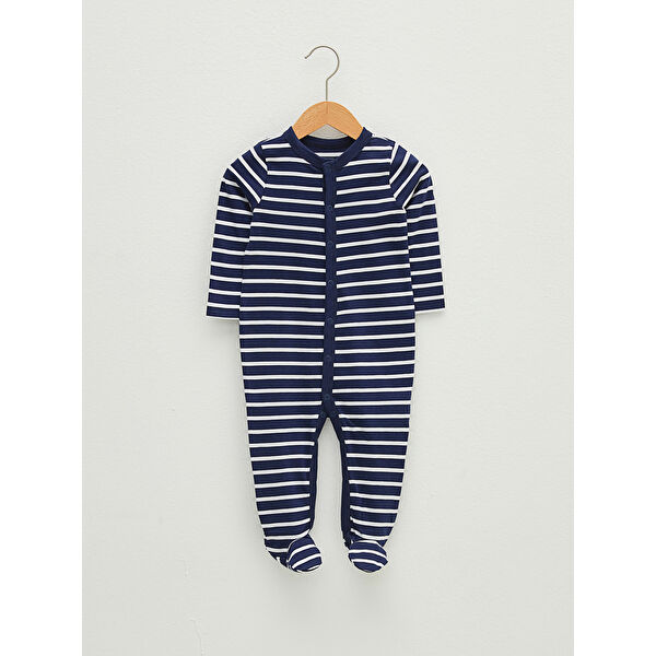V Yaka Uzun Kollu Çizgili Pamuklu Erkek Bebek Tulum