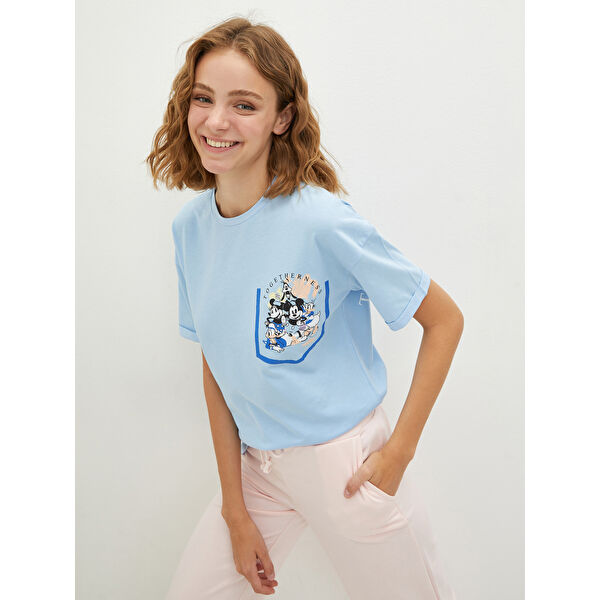 Bisiklet Yaka Disney Baskılı Kısa Kollu Kadın Tişört Anne Kız Kombini