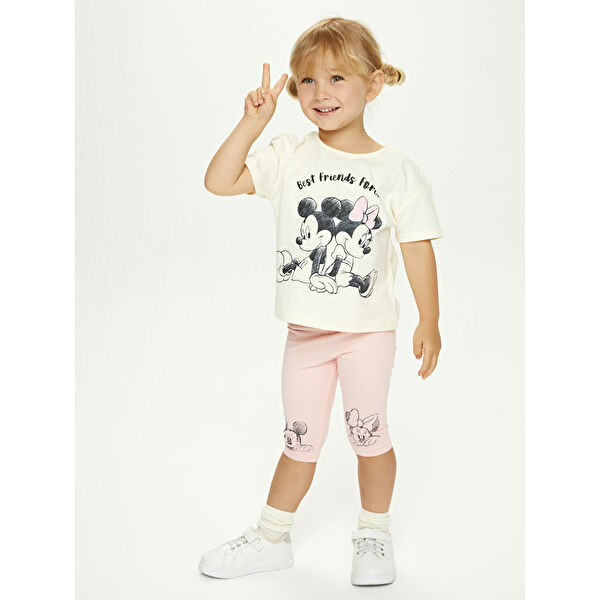 Bisiklet Yaka Kısa Kollu Mickey Minnie Mouse Baskılı Kız Bebek Tişört ve Tayt 2'li Takım Bisiklet Yaka Kısa Kollu Mickey Minnie Mouse Baskılı Kız Bebek Tişört ve Tayt 2'li Takım