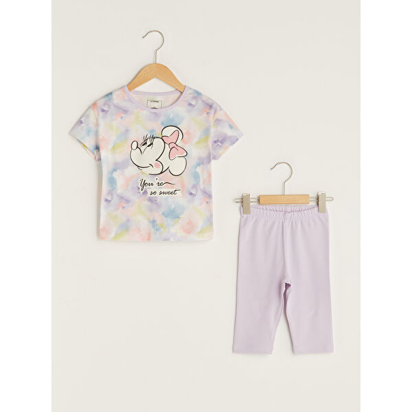 Bisiklet Yaka Kısa Kollu Minnie Mouse Baskılı Kız Bebek Tişört ve Tayt 2'li Takım