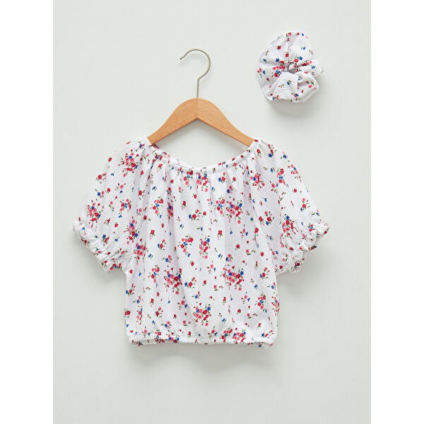 Kayık Yaka Desenli Kısa Kollu Kız Çocuk Tişört ve Toka