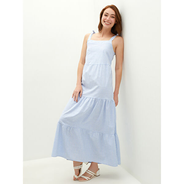 LCW CLASSIC Kare Yaka Çizgili Gipe Detaylı Askılı Kadın Elbise LCW CLASSIC Kare Yaka Çizgili Gipe Detaylı Askılı Kadın Elbise