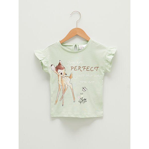 Bisiklet Yaka Kısa Kollu Bambi Baskılı Kız Bebek Tişört