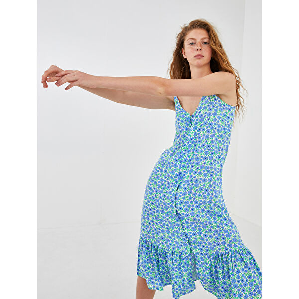 XSIDE V Yaka Askılı Çiçek Baskılı Viskon Kadın Elbise